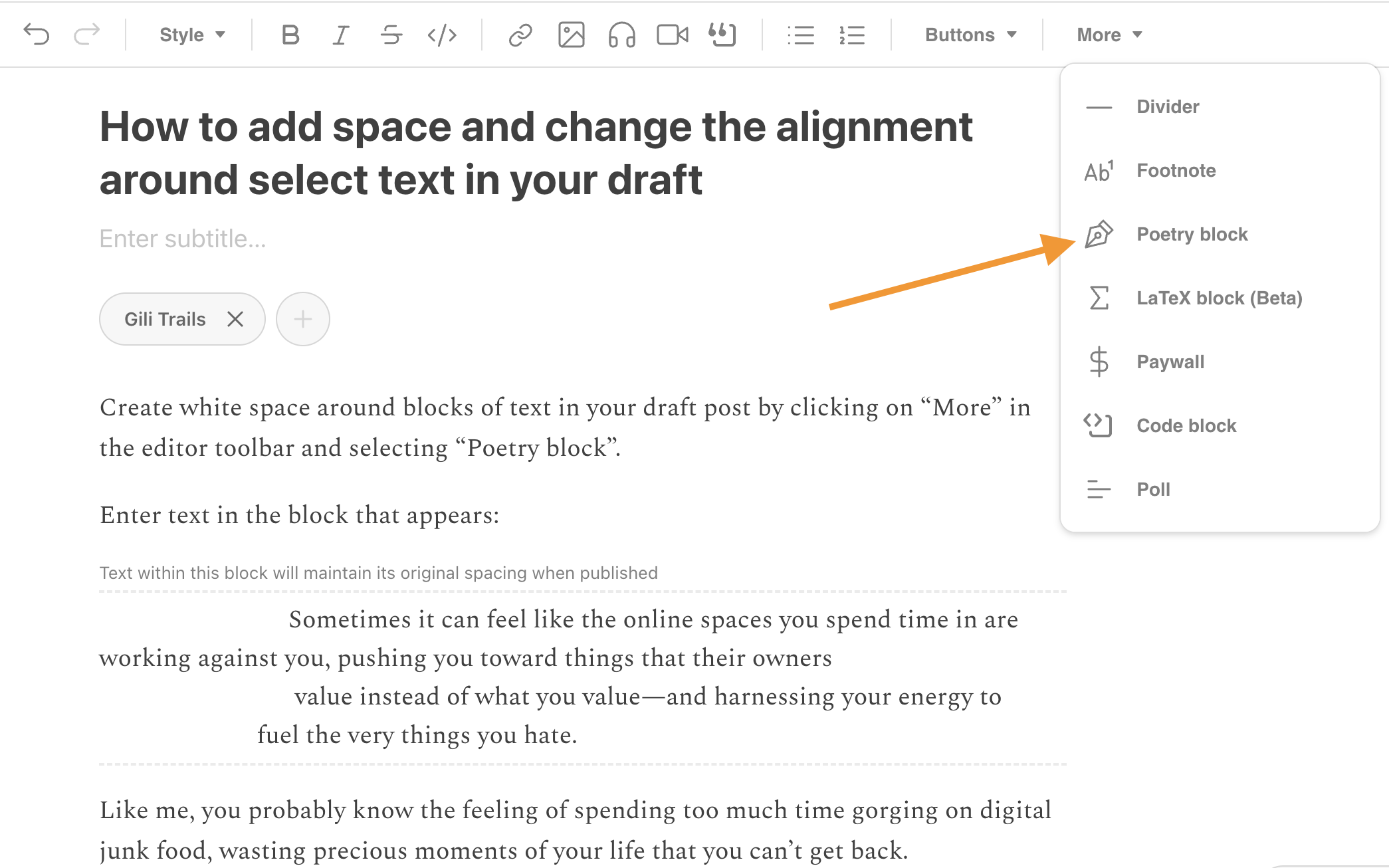 How can I add space and align certain text in a draft post on Substack? – Substack, Inc