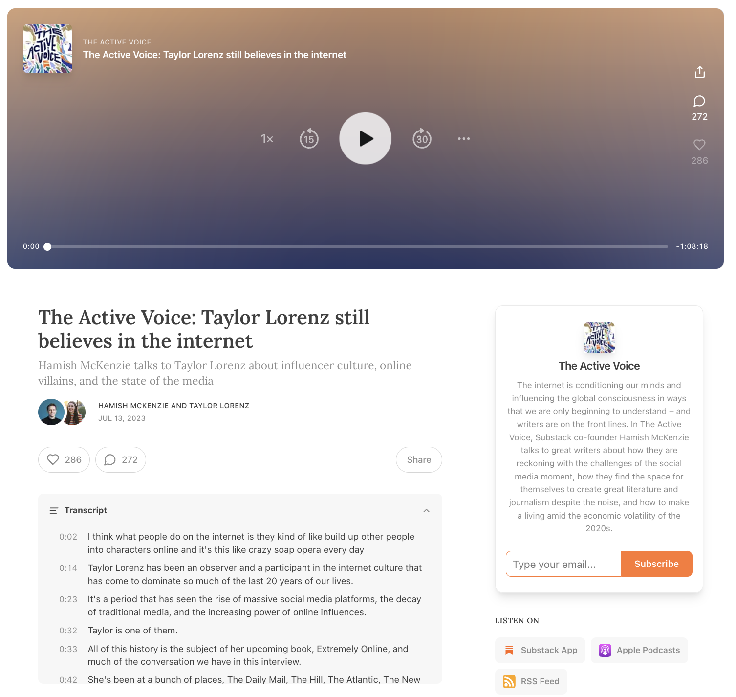 How can I generate a transcript of an audio post on Substack ...
