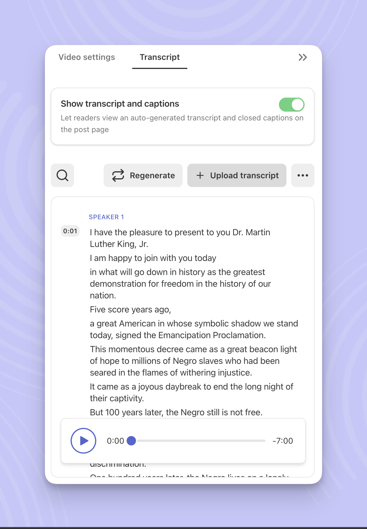 How can I generate a transcript of an audio post on Substack ...