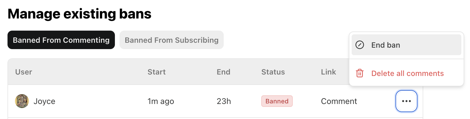 How do I view and manage a list of people I've banned from commenting or subscribing to my ...