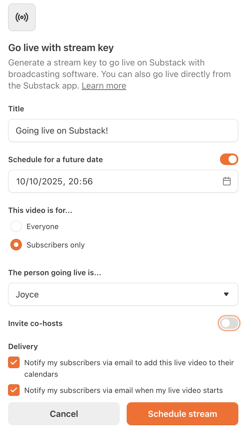 Live video on Substack via RTMP – Substack, Inc