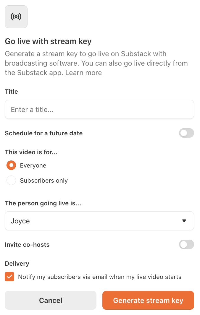 Live video on Substack via RTMP – Substack, Inc